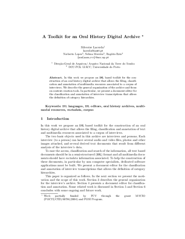 (PDF) A toolkit for an oral history digital archive