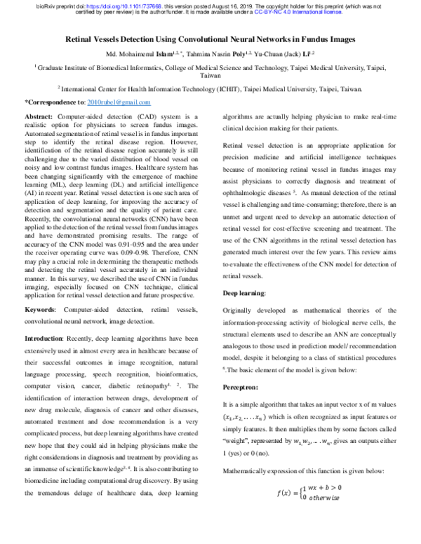(PDF) Retinal Vessels Detection Using Convolutional Neural Networks in Fundus Images