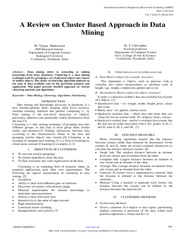 Pdf A Review On Cluster Based Approach In Data Mining