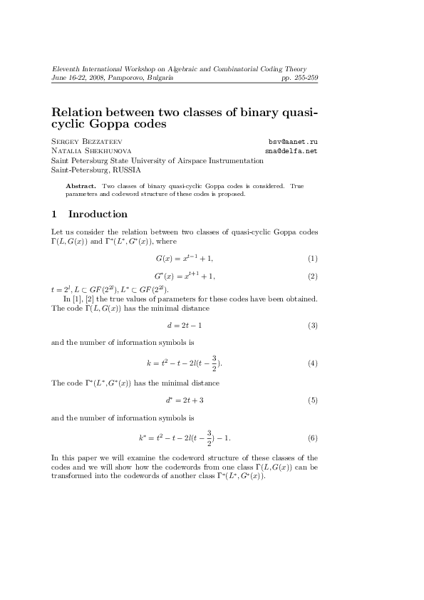 (PDF) Relation between Two Classes of Binary Quasi-Cyclic Goppa Codes