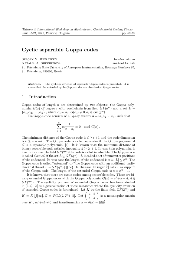 (PDF) Cyclic separable Goppa codes