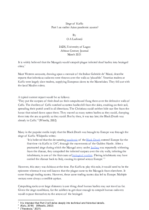 (PDF) Siege of Kaffa: Part 1:an earlier Asian pandemic source?