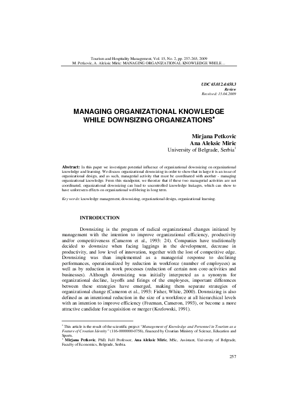 (PDF) Managing organizational knowledge while downsizing organizations