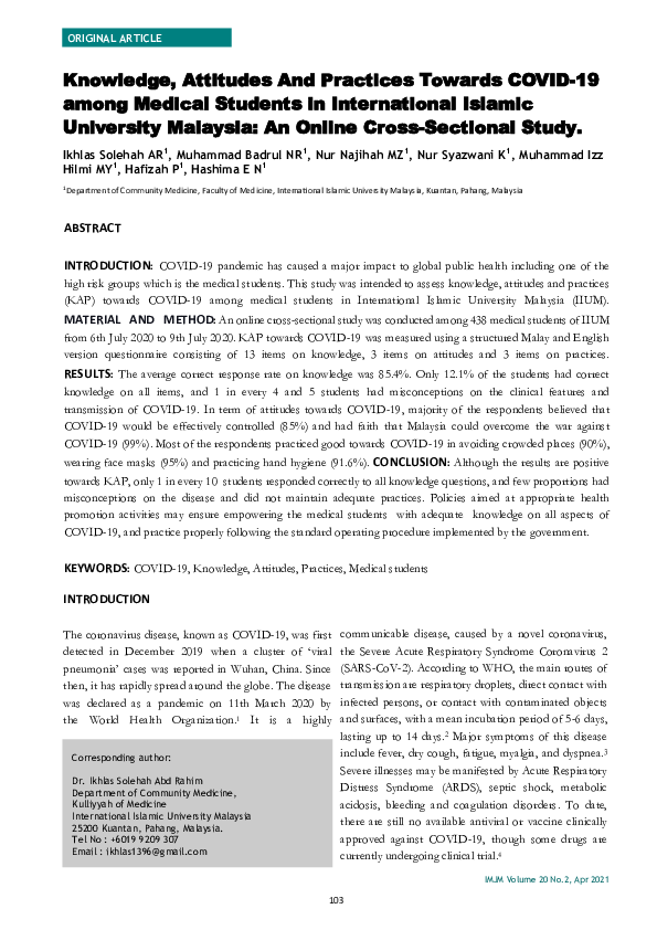 (PDF) Knowledge, Attitudes And Practices Towards COVID-19 among Medical Students in ...