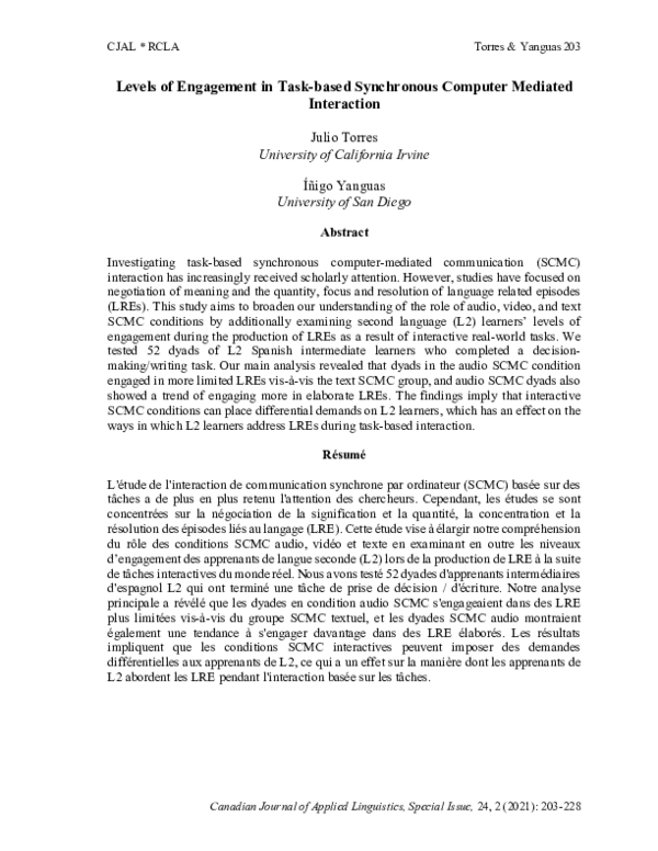 (PDF) Levels of Engagement in Task-based Synchronous Computer Mediated Interaction