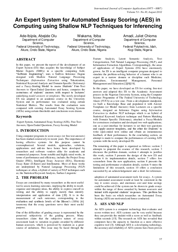 Pdf An Expert System For Automated Essay Scoring Aes In Computing Using Shallow Nlp
