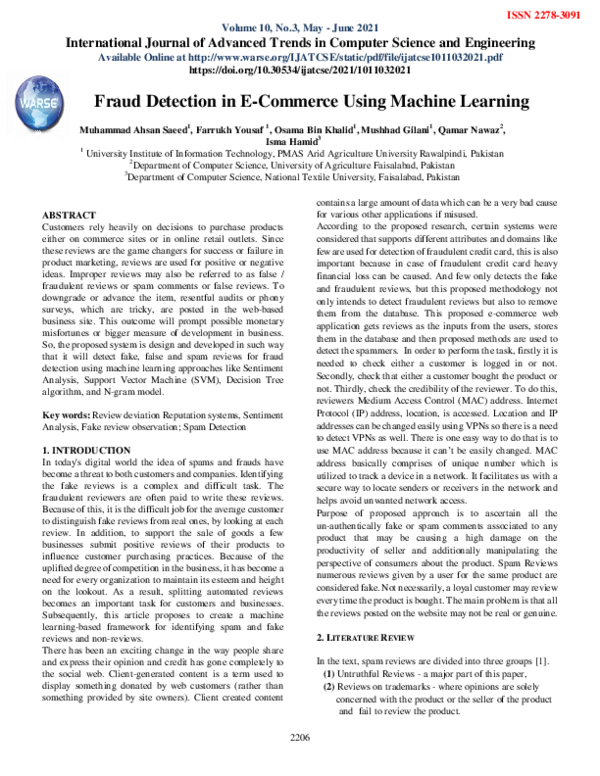 (PDF) Fraud Detection in E-Commerce Using Machine Learning