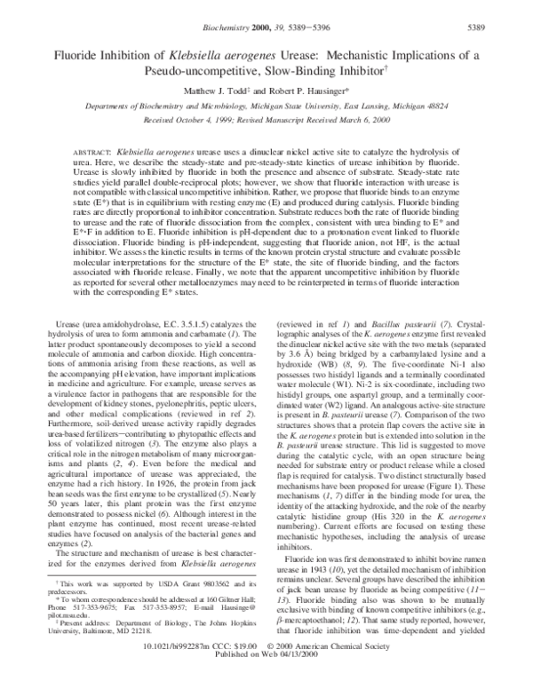 (PDF) Fluoride Inhibition of Klebsiella aerogenes Urease: Mechanistic ...