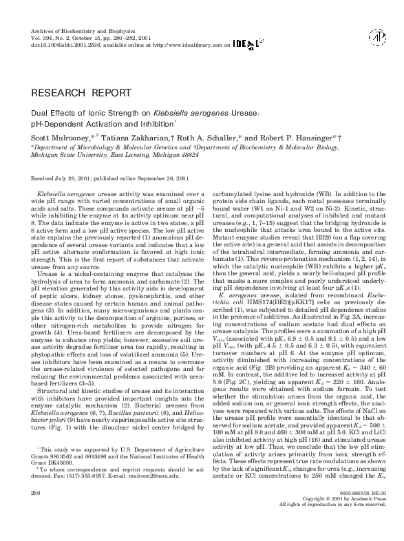 (PDF) Dual Effects of Ionic Strength on Klebsiella aerogenes Urease: pH ...