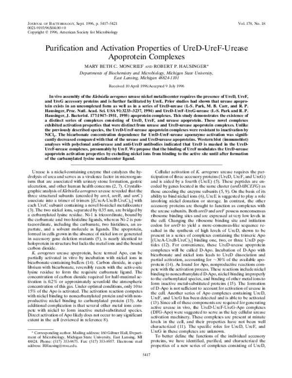 (PDF) Purification and activation properties of UreD-UreF-urease ...