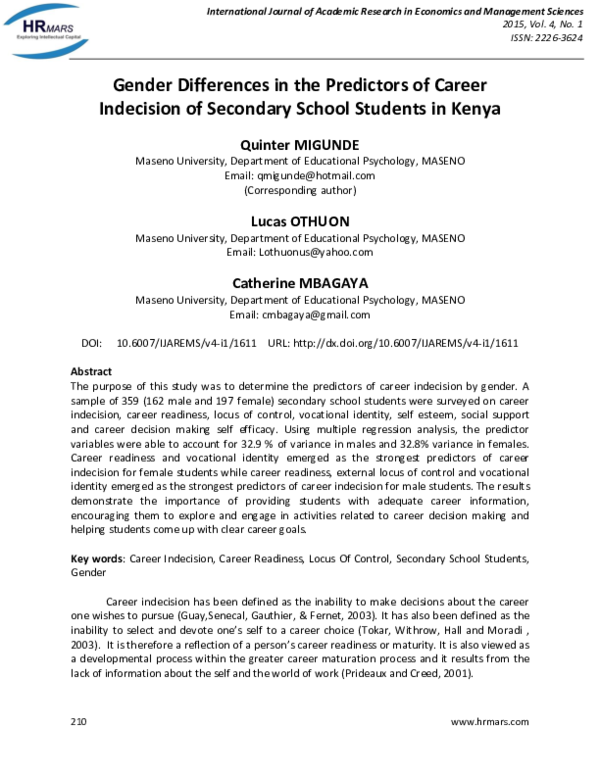 (PDF) Gender Differences in the Predictors of Career Indecision of ...