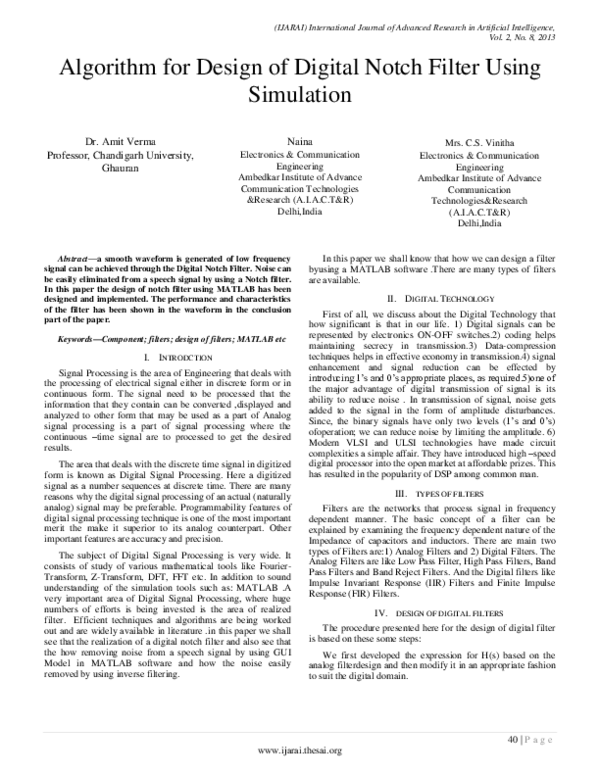 Pdf Algorithm For Design Of Digital Notch Filter Using Simulation