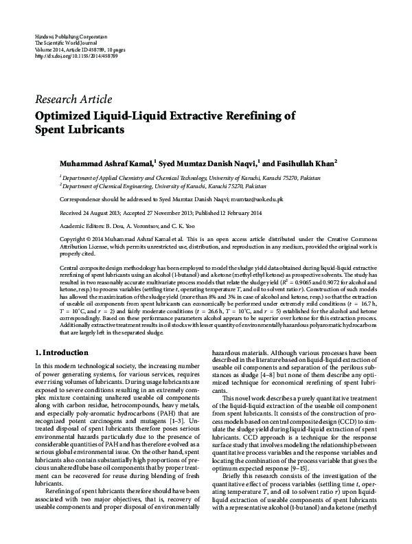 (PDF) Optimized Liquid-Liquid Extractive Rerefining of Spent Lubricants