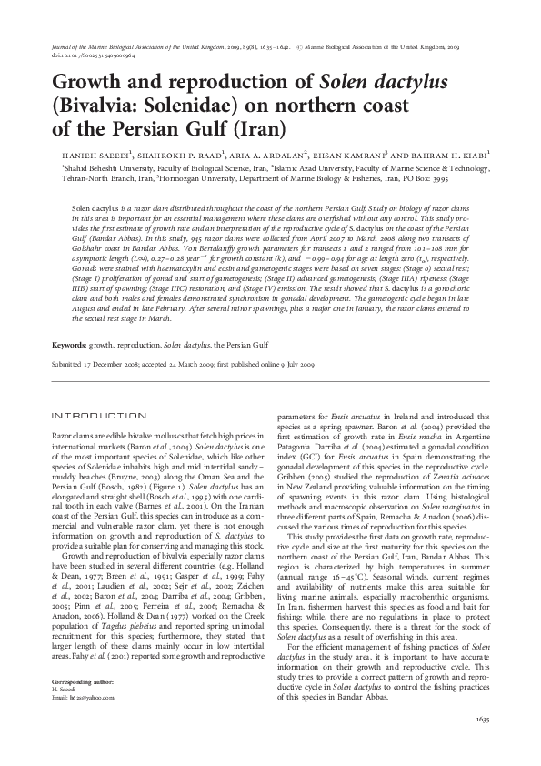 (PDF) Growth and reproduction of Solen dactylus (Bivalvia: Solenidae ...