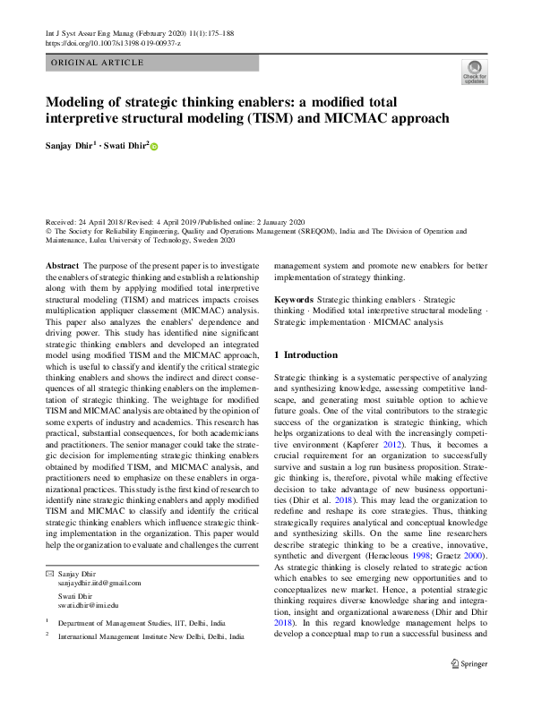 (PDF) Modeling of strategic thinking enablers: a modified total interpretive structural modeling ...