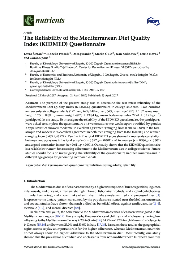 (PDF) The Reliability of the Mediterranean Diet Quality Index (KIDMED ...
