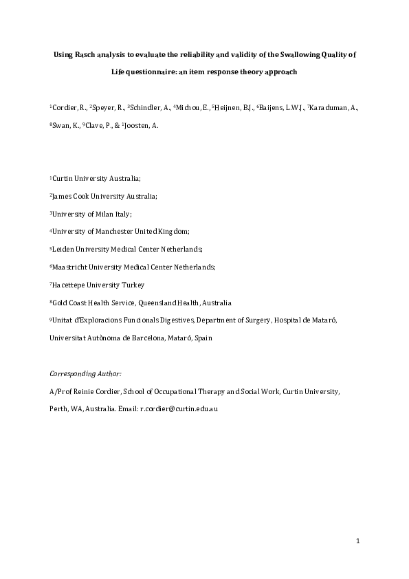 (PDF) Using Rasch Analysis to Evaluate the Reliability and Validity of the Swallowing Quality of ...