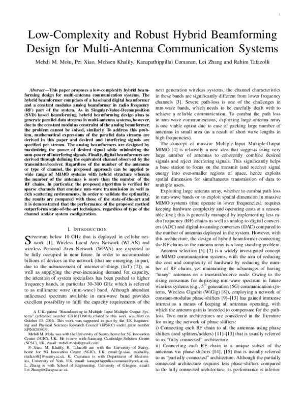 (PDF) Low-Complexity and Robust Hybrid Beamforming Design for Multi-Antenna Communication Systems