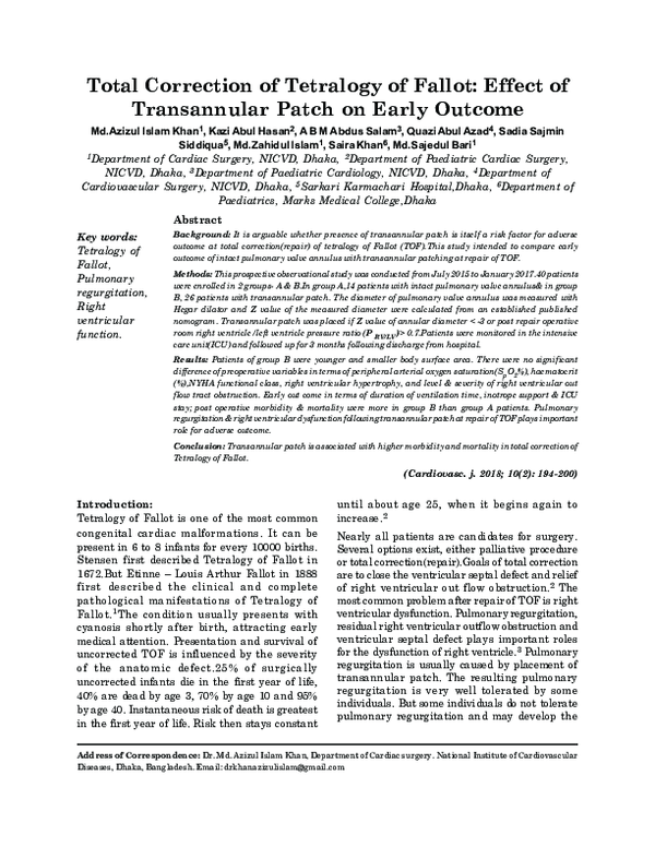 (PDF) Total Correction of Tetralogy of Fallot: Effect of Transannular Patch on Early Outcome