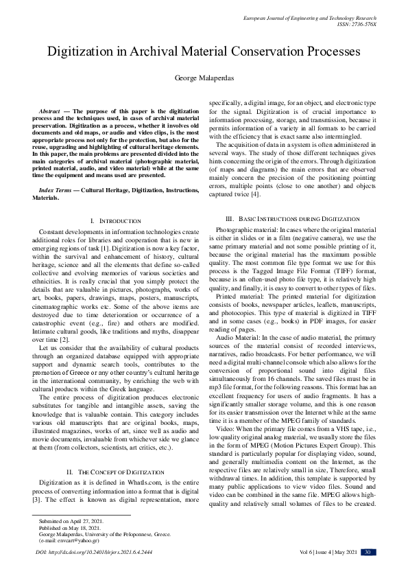 (PDF) Digitization in Archival Material Conservation Processes