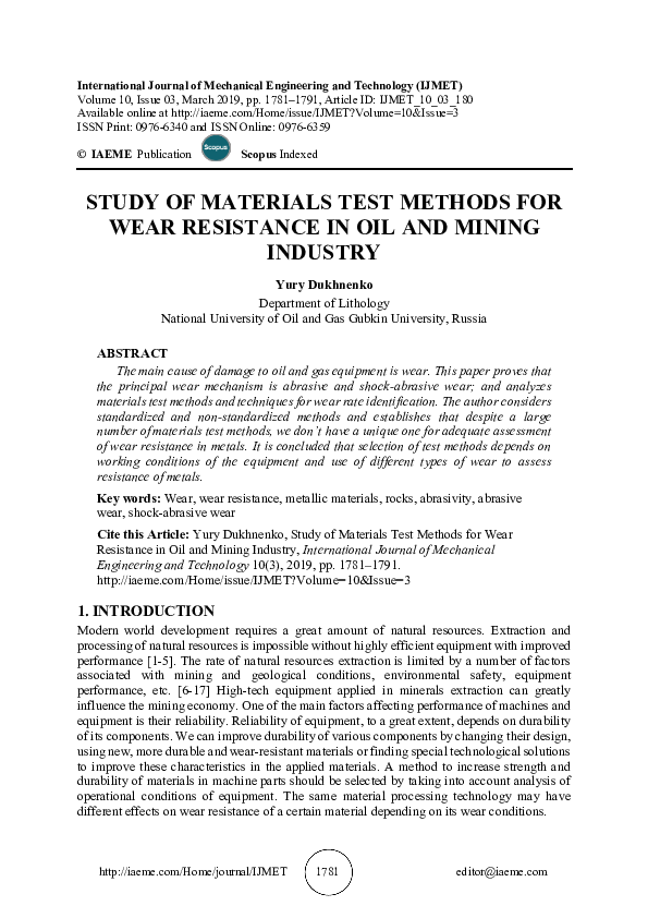 (PDF) STUDY OF MATERIALS TEST METHODS FOR WEAR RESISTANCE IN OIL AND ...
