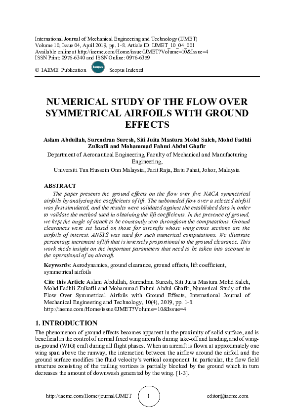 (PDF) NUMERICAL STUDY OF THE FLOW OVER SYMMETRICAL AIRFOILS WITH GROUND ...