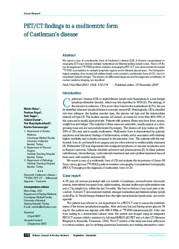 (PDF) Emerging role of 18F-FDG PET/CT in Castleman disease: a review ...