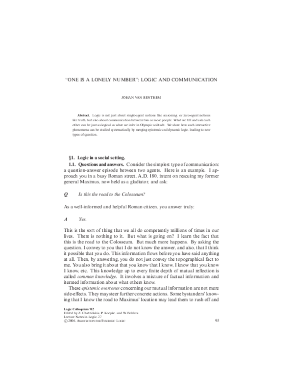 (PDF) One is a Lonely Number": Logic and Communication