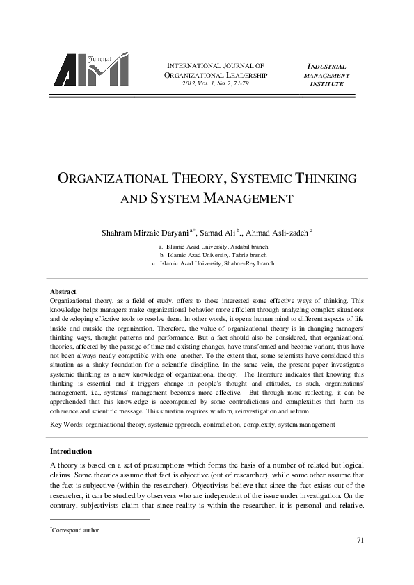 (PDF) Organizational Theory, Systemic Thinking and System Management