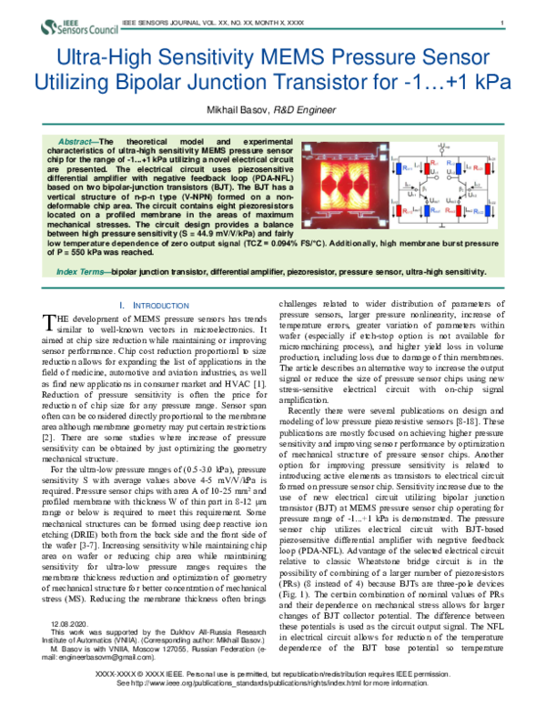 (PDF) Ultra-High Sensitivity MEMS Pressure Sensor Utilizing Bipolar Junction Transistor for ...