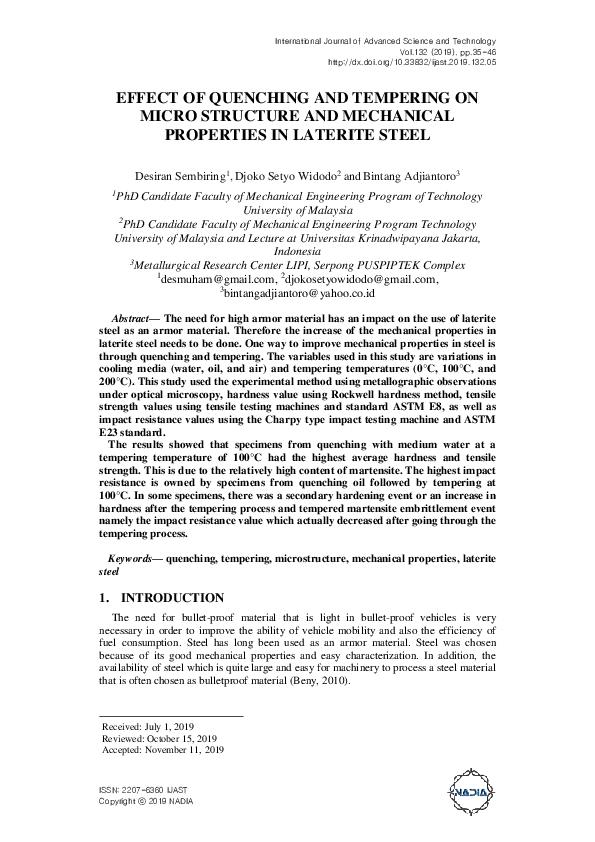 (PDF) Effect of Quenching and Tempering on Micro Structure and Mechanical Properties in Laterite ...