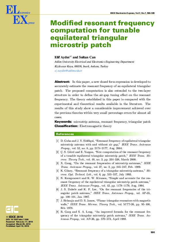 (PDF) Modified resonant frequency computation for tunable equilateral triangular microstrip ...