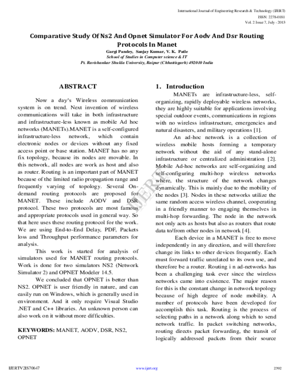 (PDF) Comparative Study Of Ns2 And Opnet Simulator For Aodv And Dsr Routing Protocols In Manet