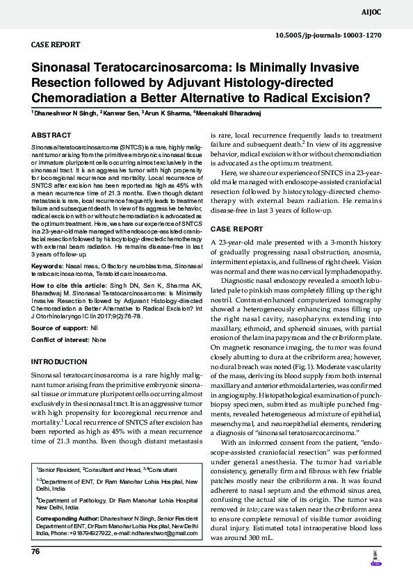 (PDF) Sinonasal Teratocarcinosarcoma: Is Minimally Invasive Resection followed by Adjuvant ...
