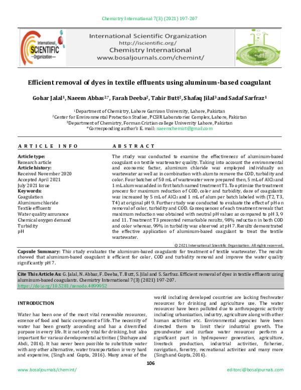 (PDF) Efficient removal of dyes in textile effluents using aluminum-based coagulant