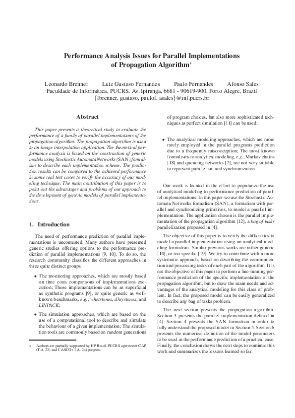 Pdf Performance Analysis Issues For Parallel Implementations Of Propagation Algorithm