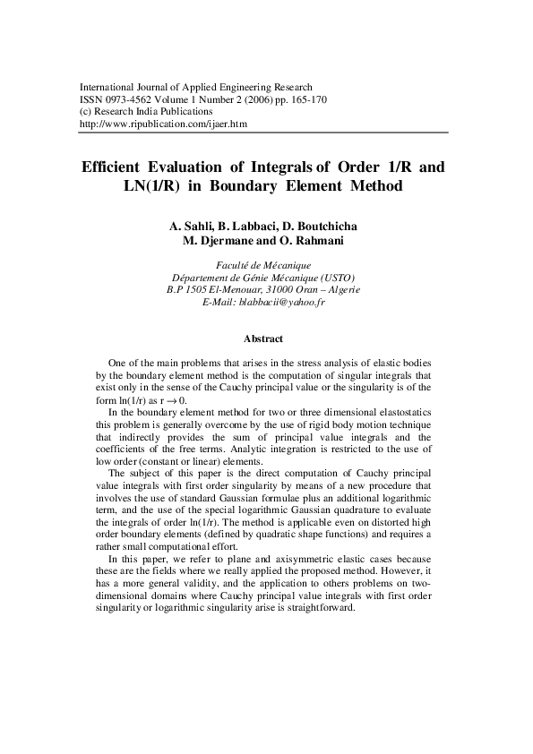 (PDF) Efficient Evaluation of Integrals of Order 1/R and LN(1/R) in Boundary Element Method