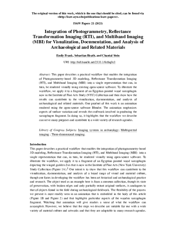 Pdf Integration Of Photogrammetry Reflectance Transformation Imaging Rti And Multiband