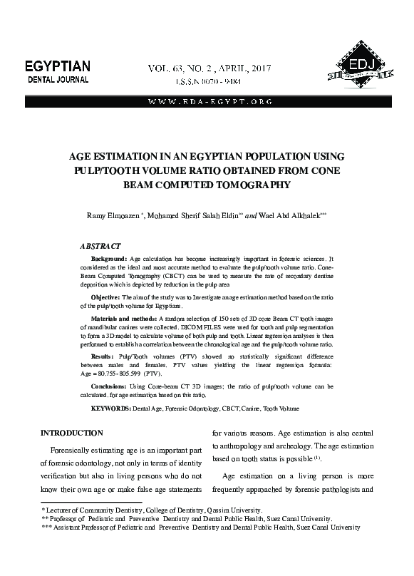 (PDF) AGE ESTIMATION IN AN EGYPTIAN POPULATION USING PULP/TOOTH VOLUME ...
