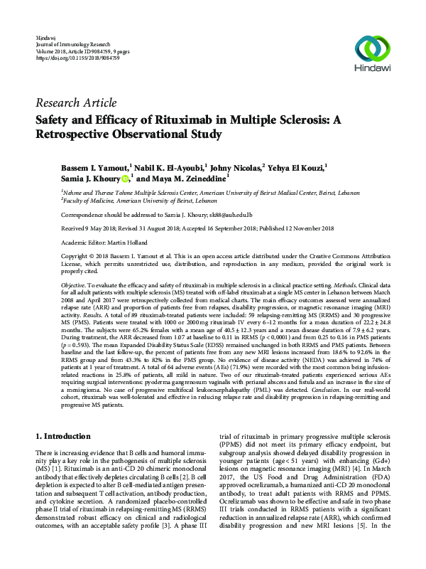 (PDF) Safety and Efficacy of Rituximab in Multiple Sclerosis: A Retrospective Observational Study