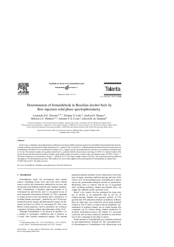 Pdf Determination Of Formaldehyde In Brazilian Alcohol Fuels By Flow Injection Solid Phase