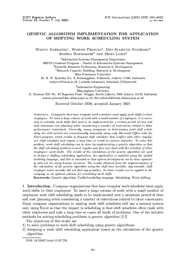 (PDF) GENETIC ALGORITHM IMPLEMENTATION FOR APPLICATION OF SHIFTING WORK SCHEDULING SYSTEM