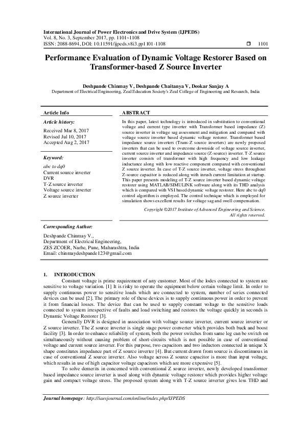 Pdf Performance Evaluation Of Dynamic Voltage Restorer Based On Transformer Based Z Source