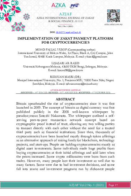 (PDF) IMPLEMENTATION OF ZAKAT PAYMENT PLATFORM FOR CRYPTOCURRENCIES