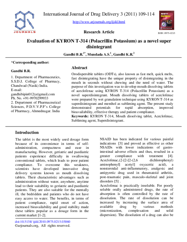 (PDF) Evaluation of KYRON T-314 (Polacrillin Potassium) as a novel ...