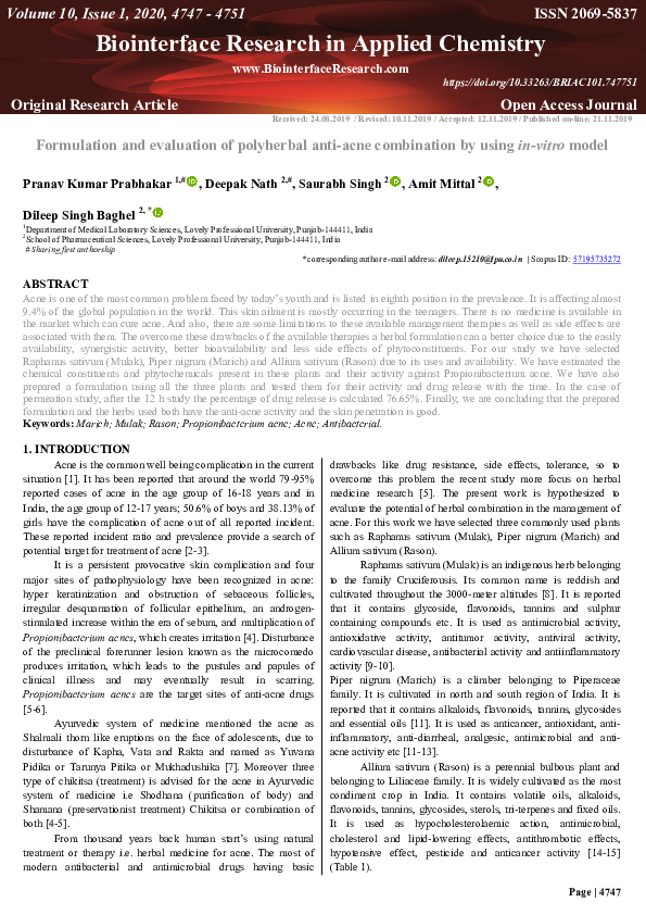Pdf Formulation And Evaluation Of Polyherbal Anti Acne Combination By Using In Vitro Model