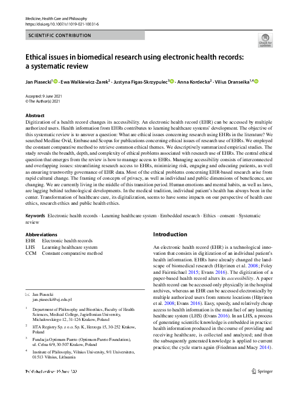 (PDF) Ethical issues in biomedical research using electronic health ...