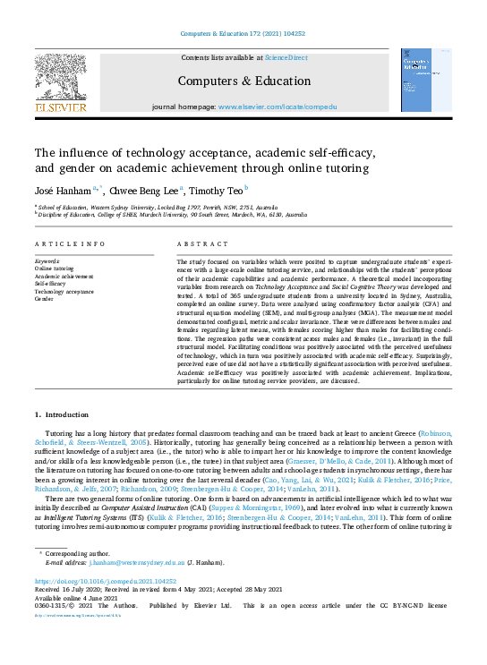 (PDF) The influence of technology acceptance, academic self-efficacy, and gender on academic ...