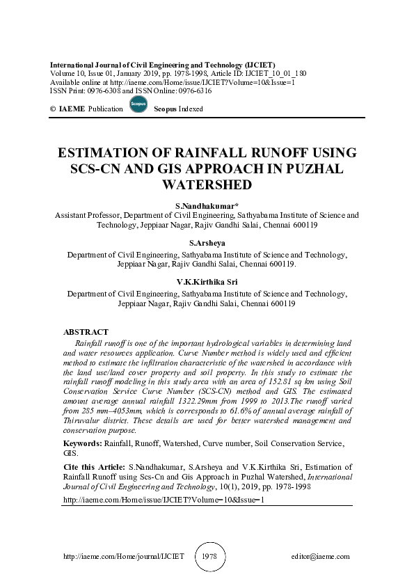 (PDF) ESTIMATION OF RAINFALL RUNOFF USING SCS-CN AND GIS APPROACH IN PUZHAL WATERSHED