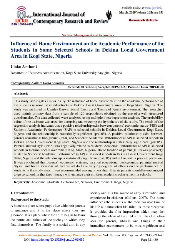 (PDF) Influence of Home Environment on the Academic Performance of the ...